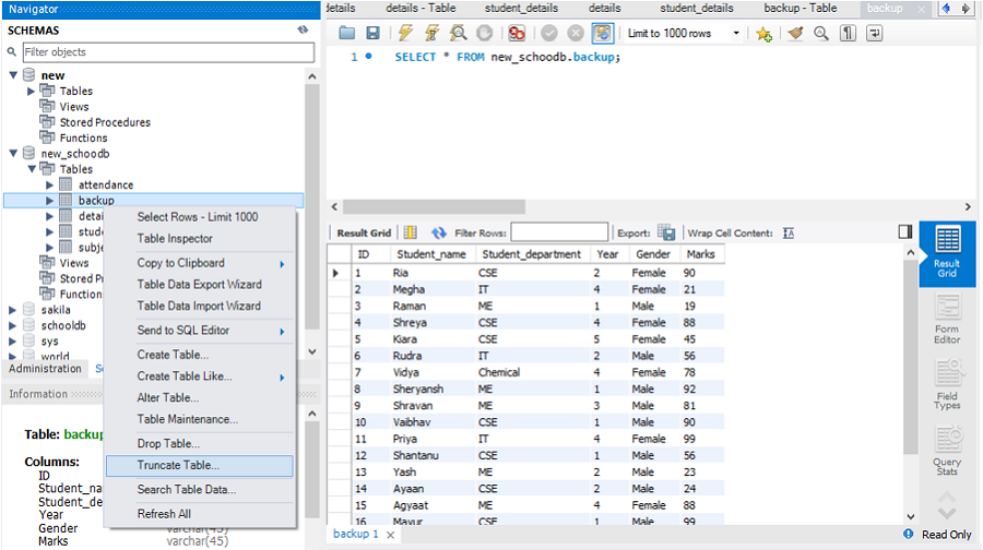 MySQL TRUNCATE TABLE Statement